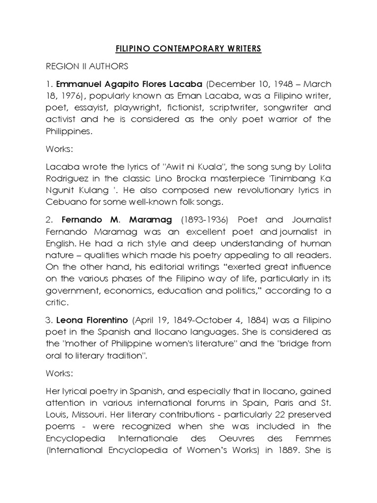 Filipino Contemporary Writers Overview | PDF