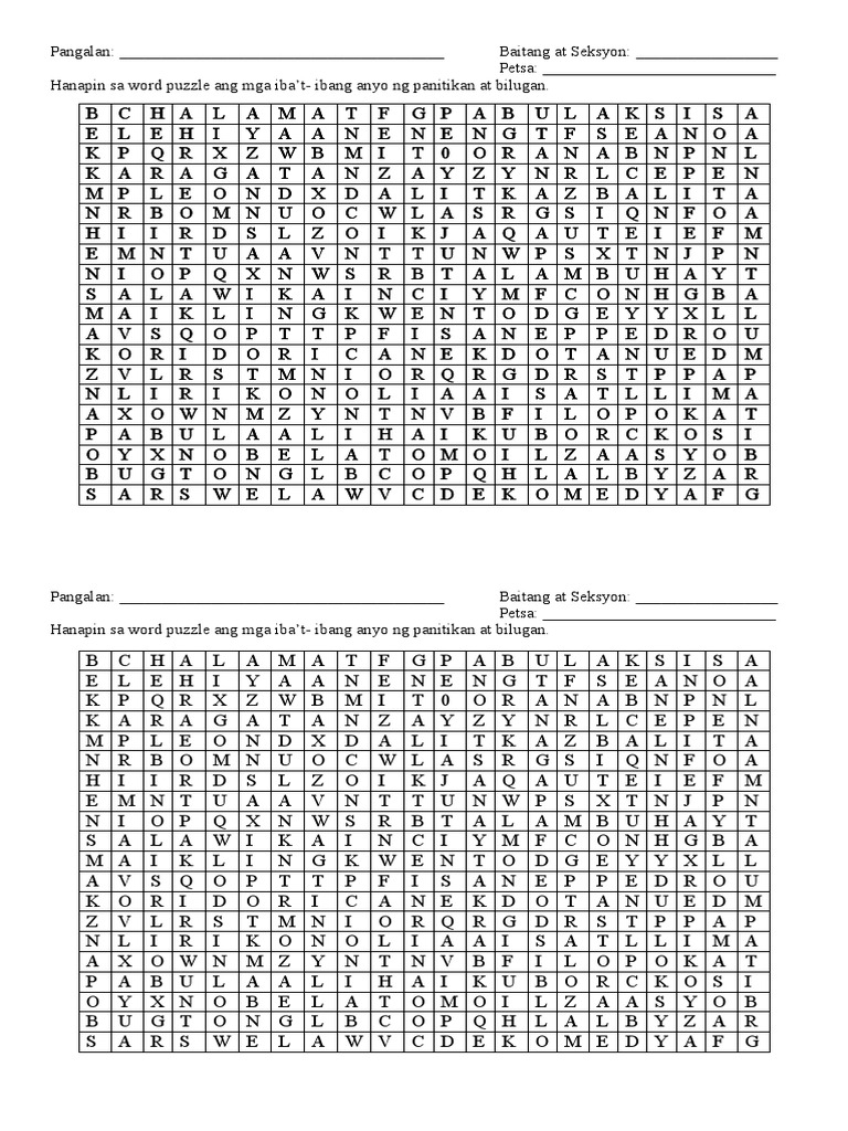 Work Sheet Word Puzzle (Iba't - Ibang Anyo NG Panitikan) | PDF