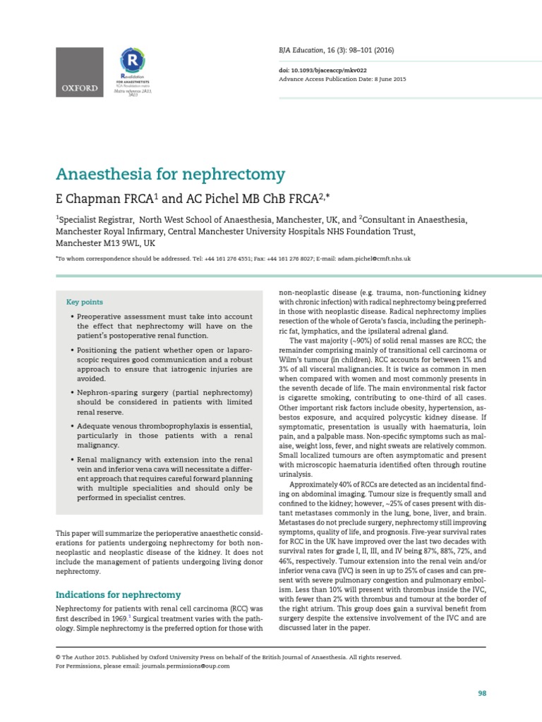 Anaesthesia For Nephrectomy | PDF