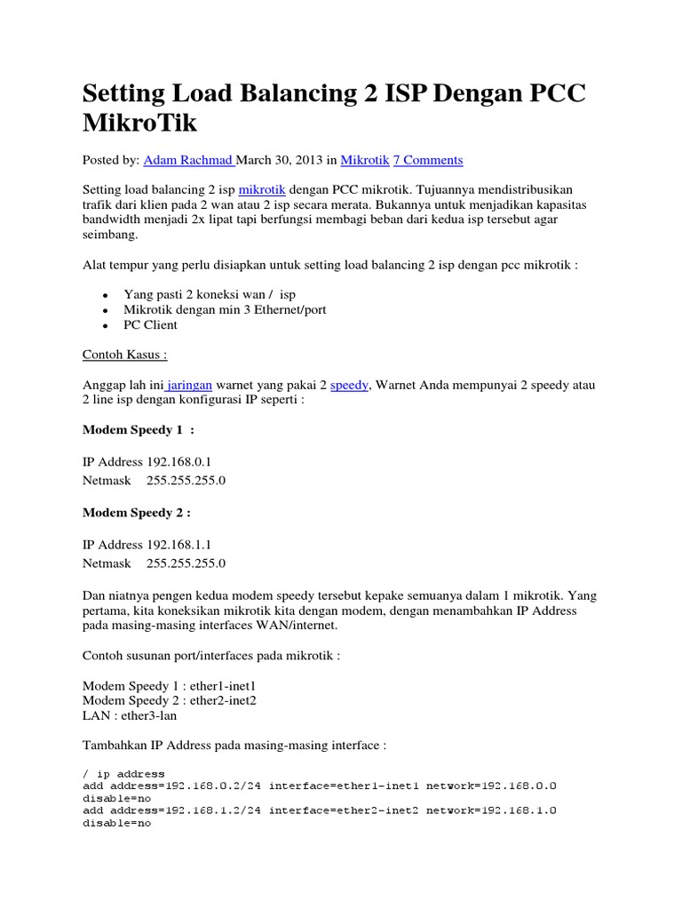 Setting Load Balancing 2 ISP Dengan PCC MikroTik | PDF