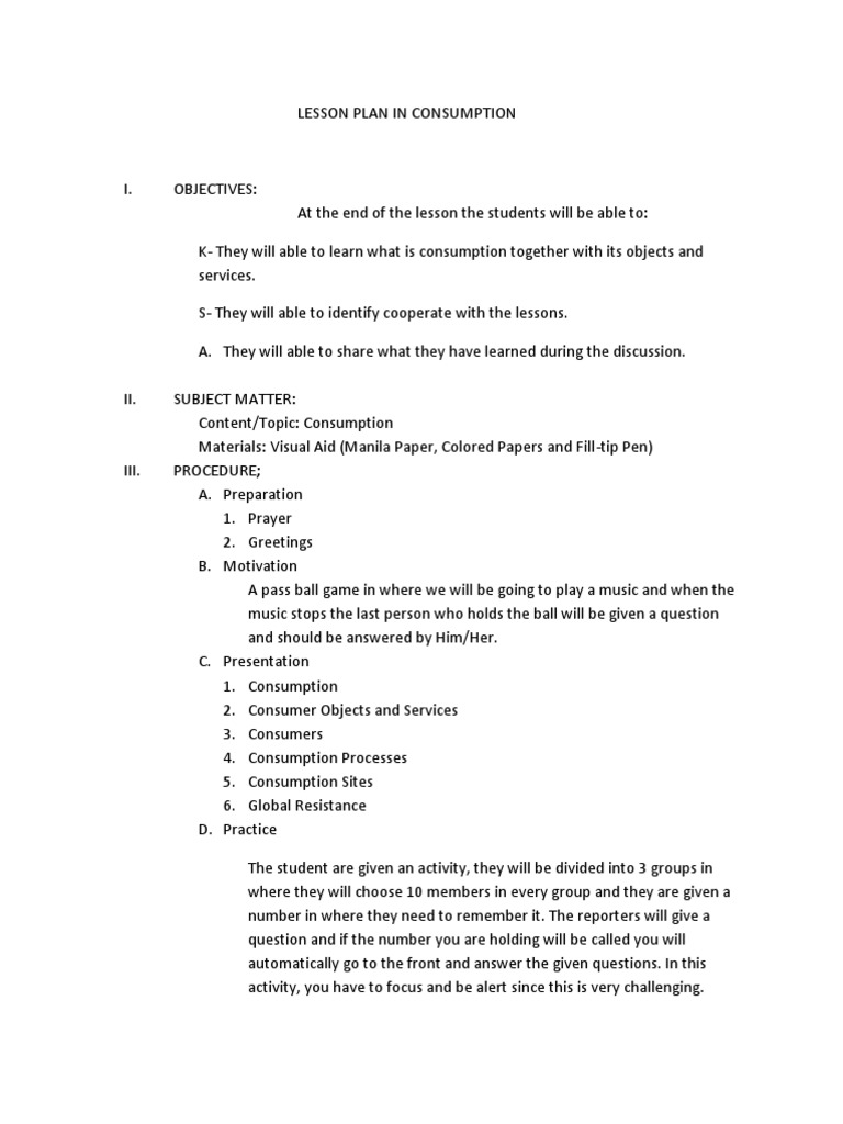 Lesson Plan in Consumption | PDF