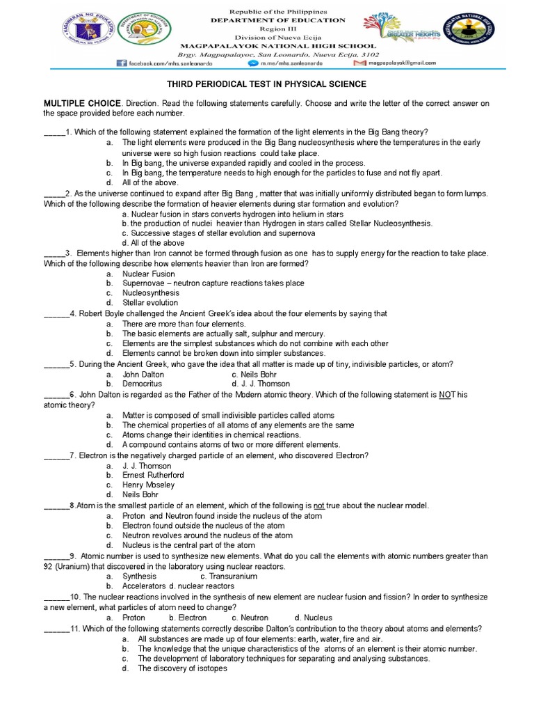 Physical Science Test: Elements & Forces | PDF | Philosophy | Science ...