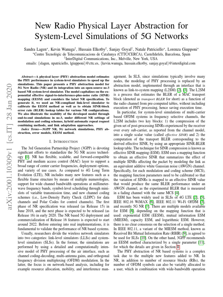 New Radio Physical Layer Abstraction For System-Level Simulations of 5G Networks | PDF