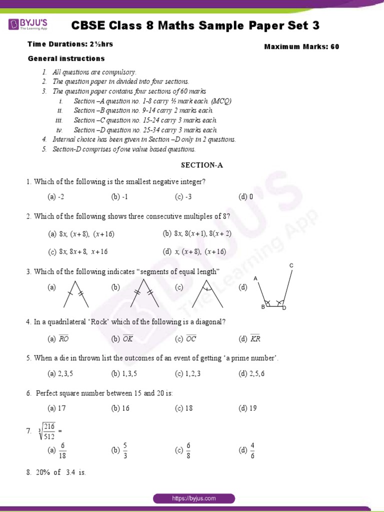 CBSE Class 8 Maths Sample Paper Set 3 | PDF