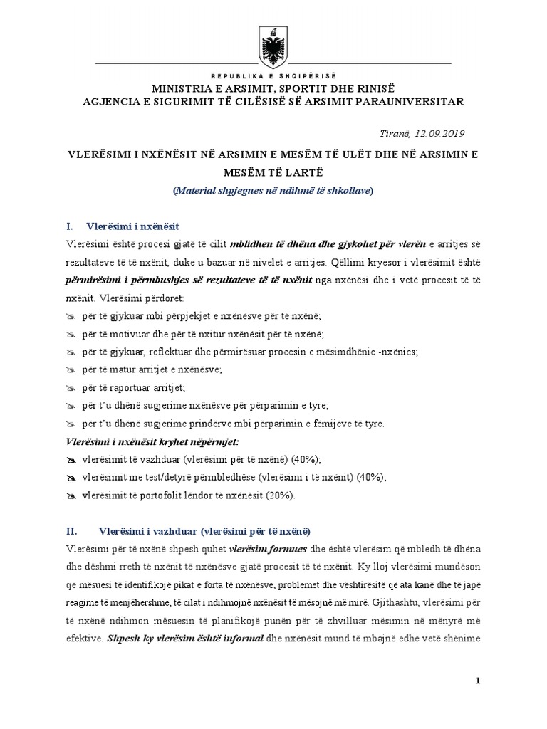 Materiali Shpjegues Per Vleresimin e Nxenesit 1 | PDF