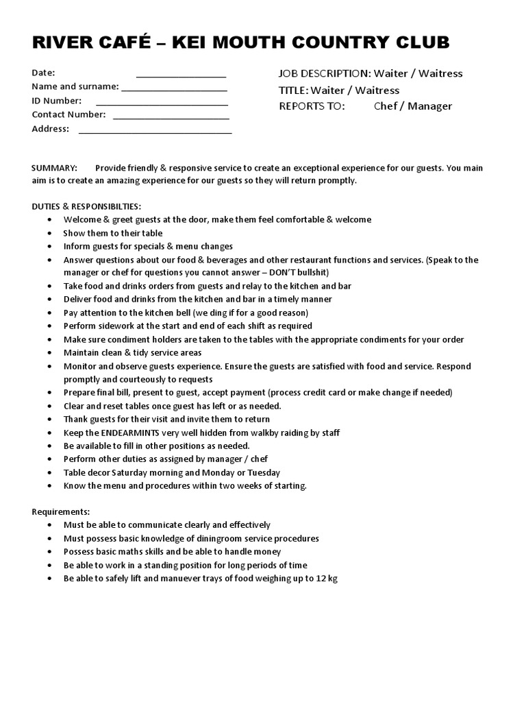 Waitress Job Description at River Café | PDF | Career & Growth ...