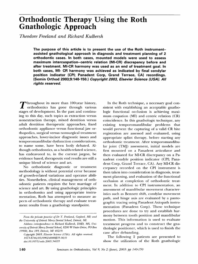 Orthodontic Therapy Using The Roth Gnathologic Approach. Freeland 2003 ...