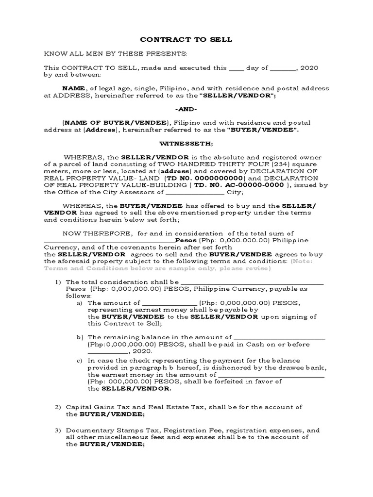 CONTRACT TO SELL sample 2020