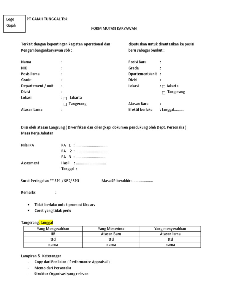 Form Mutasi Karyawan | PDF
