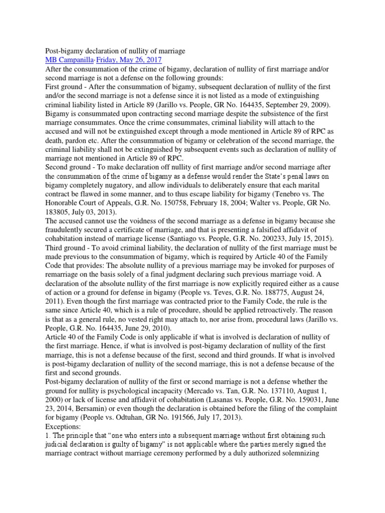 Nullity of Bigamous Marriages in the Philippines | PDF | Law