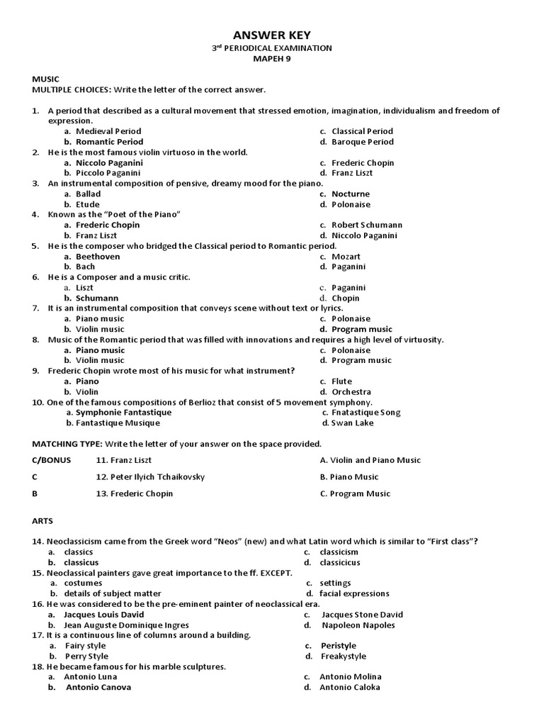 Answer Key Q3 Exam Mapeh 9 | PDF