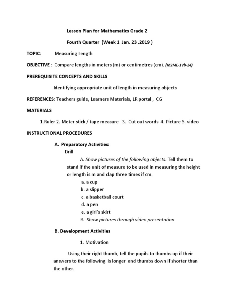 Grade 2 Measurement Lesson Plan | PDF | Language Arts & Discipline