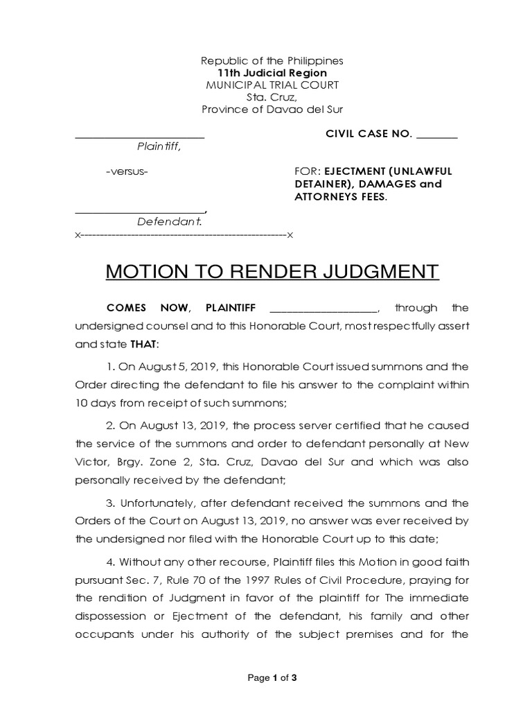 Motion to Render Judgment - Form