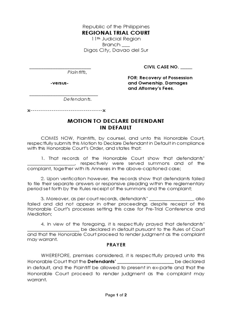 Motion To Declare Defendant in Default - Form | PDF