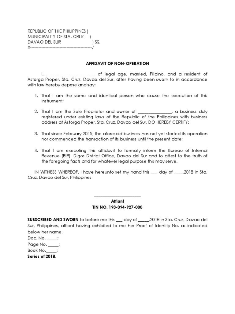 Affidavit of Non Operation | PDF