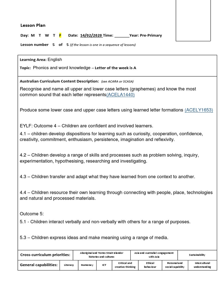 Lesson Plan Letter A Lesson 5 | PDF