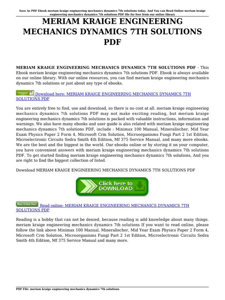Meriam Kraige Engineering Mechanics Dynamics 7th Solutions Pdf Pdf