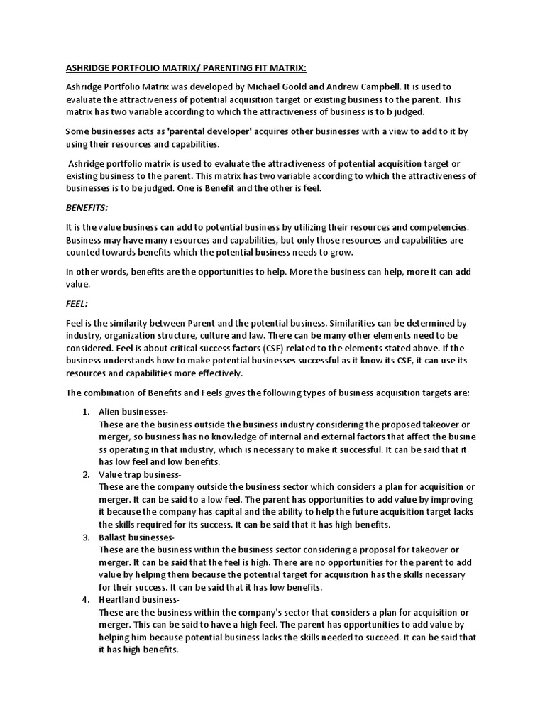 Ashridge or Parental Matrix | PDF | Business