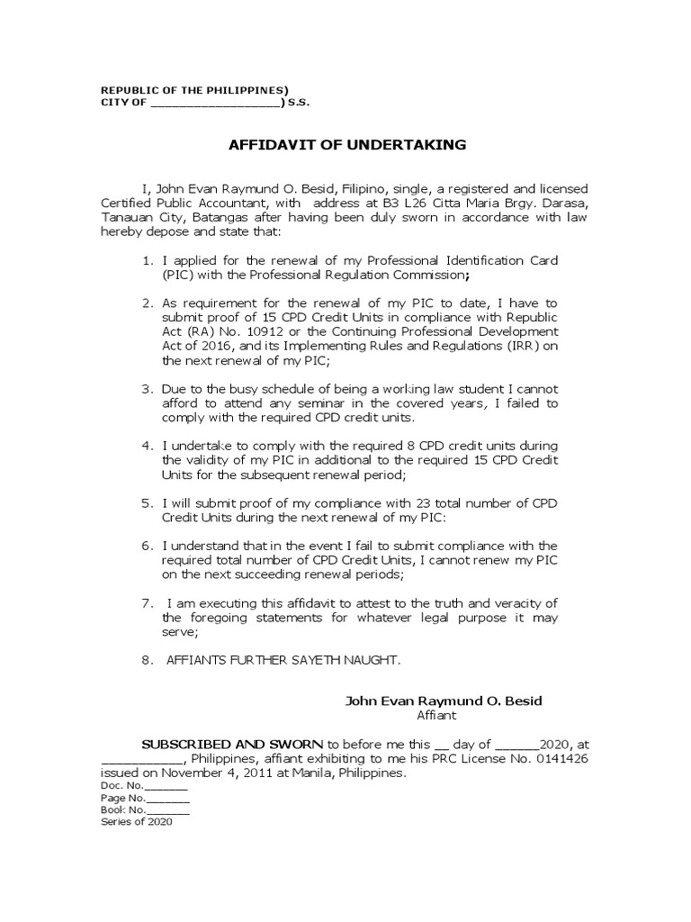 PRC Form Affidavit of Undertaking CPD | PDF