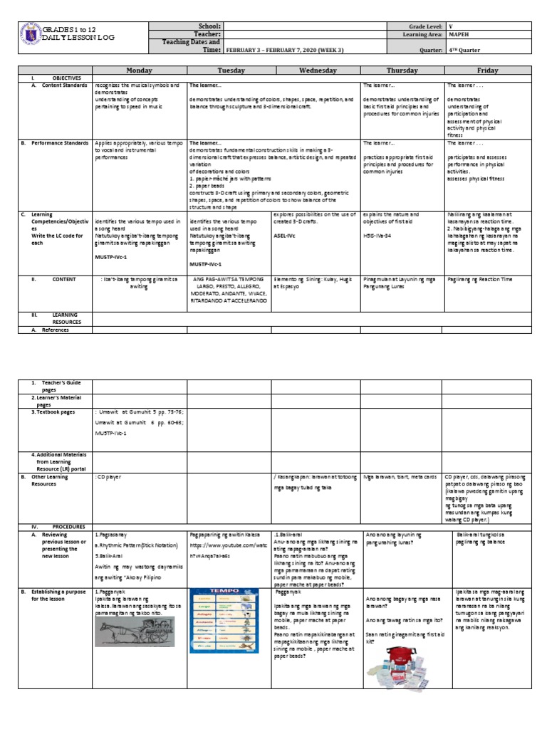 Grade 5 MAPEH Week 3 Lesson Plan | PDF