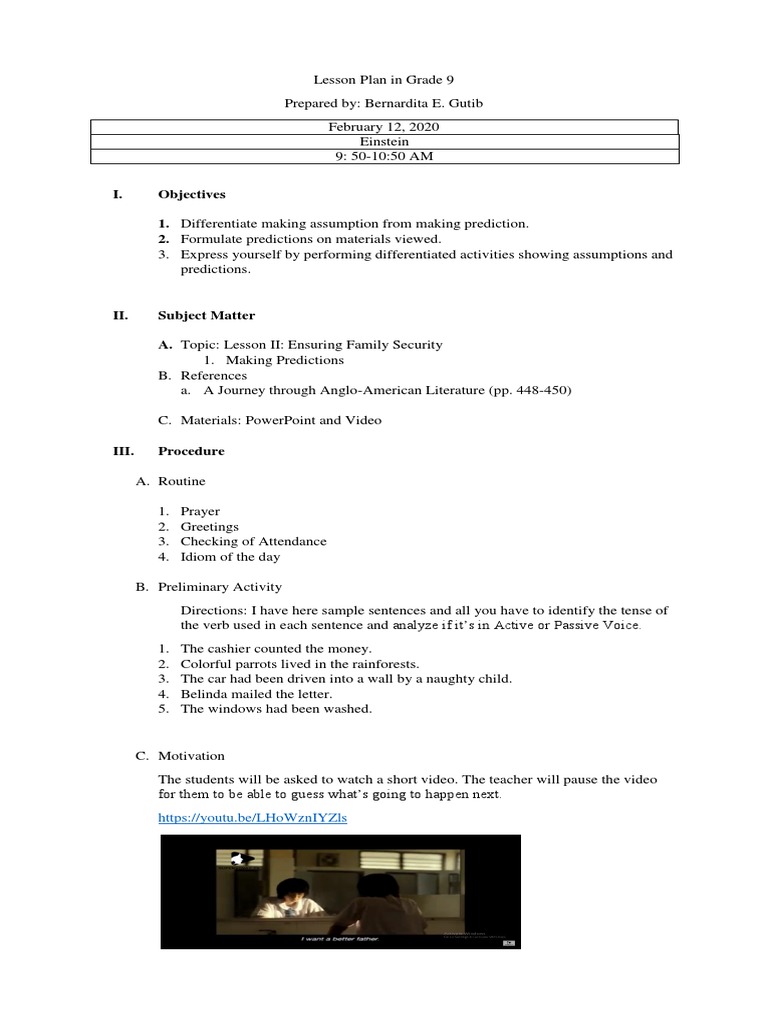 Grade 9 Lesson Plan: Making Predictions | PDF