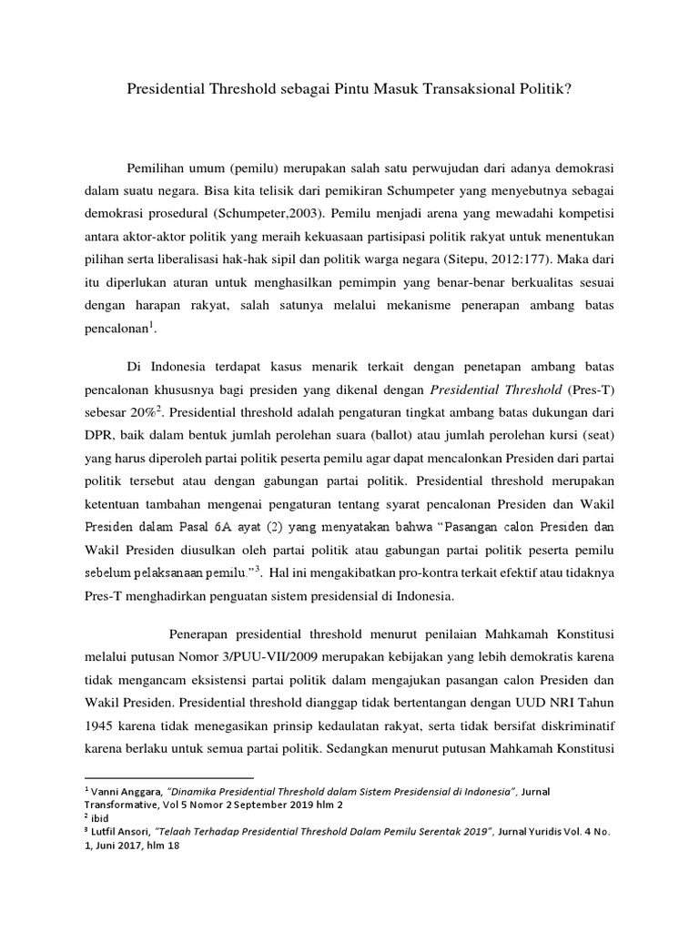 Presidential Threshold Sebagai Pintu Masuk Transaksional Politik | PDF ...