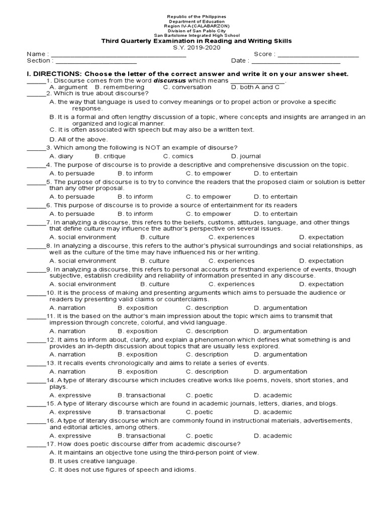 Reading and Writing 3rd Quarterly Test | PDF