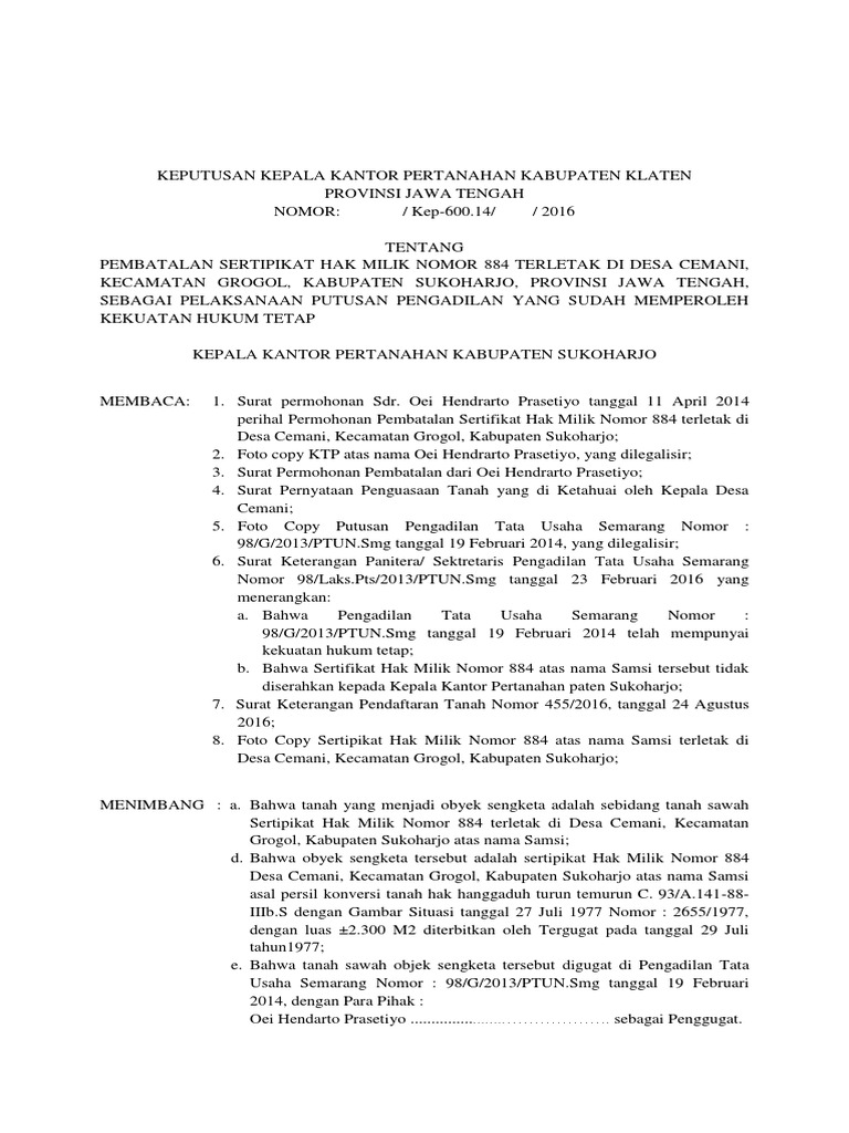 Pembatalan Sertifikat Hak Milik 884 | PDF