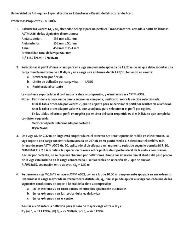 Problemas Propuestos FLEXIÓN Y CORTANTE 2019-II | PDF
