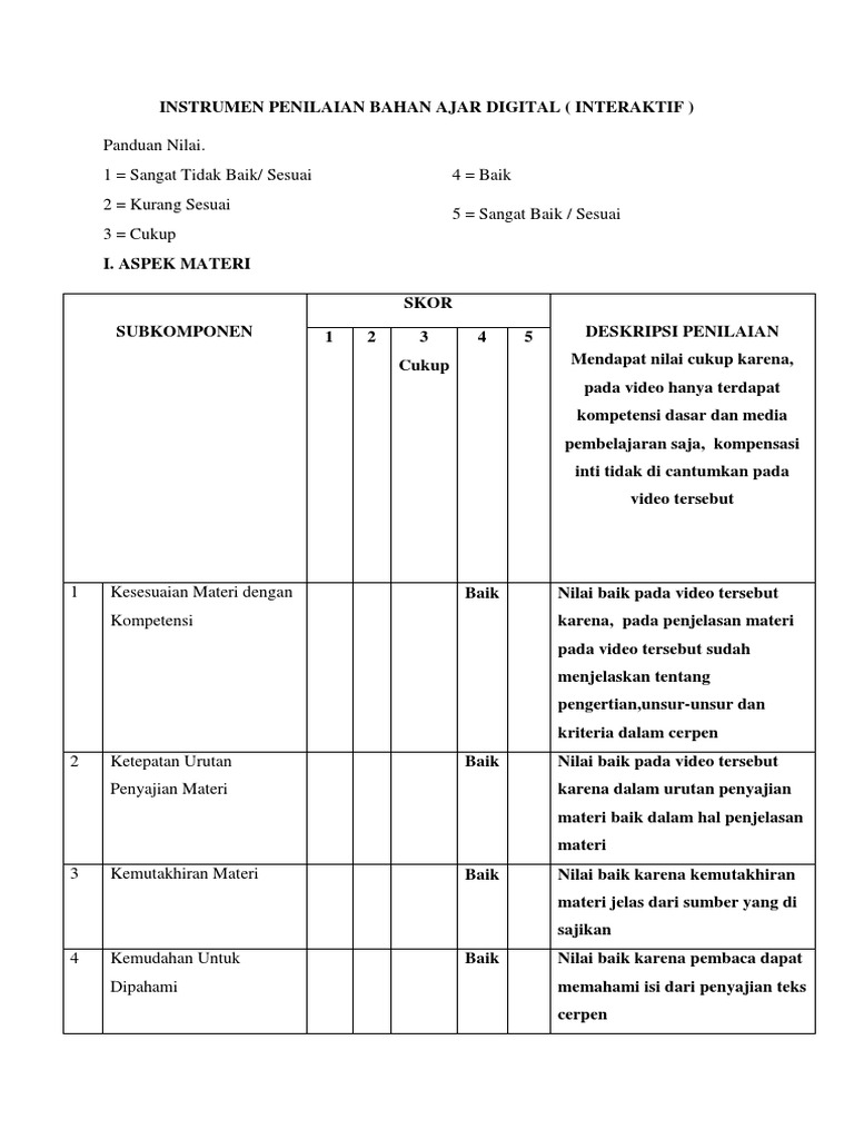 Instrumen Penilaian Bahan Ajar Digital 2-1-2 | PDF