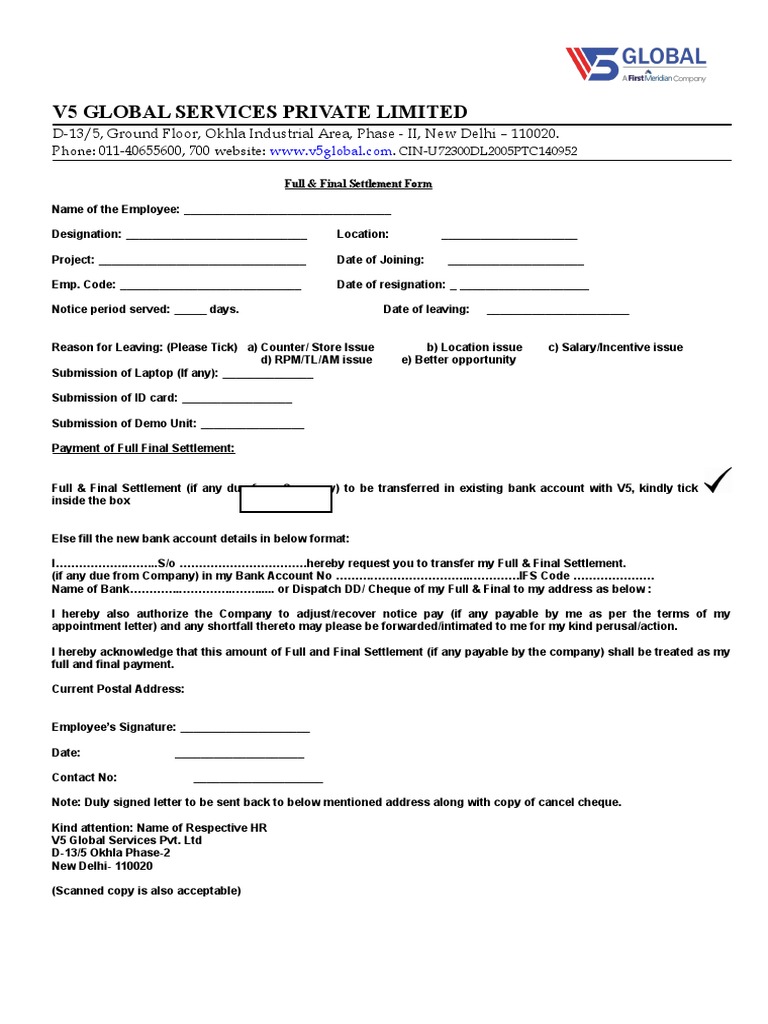 V5 Global Services Private Limited Full and Final Settlement Form | PDF