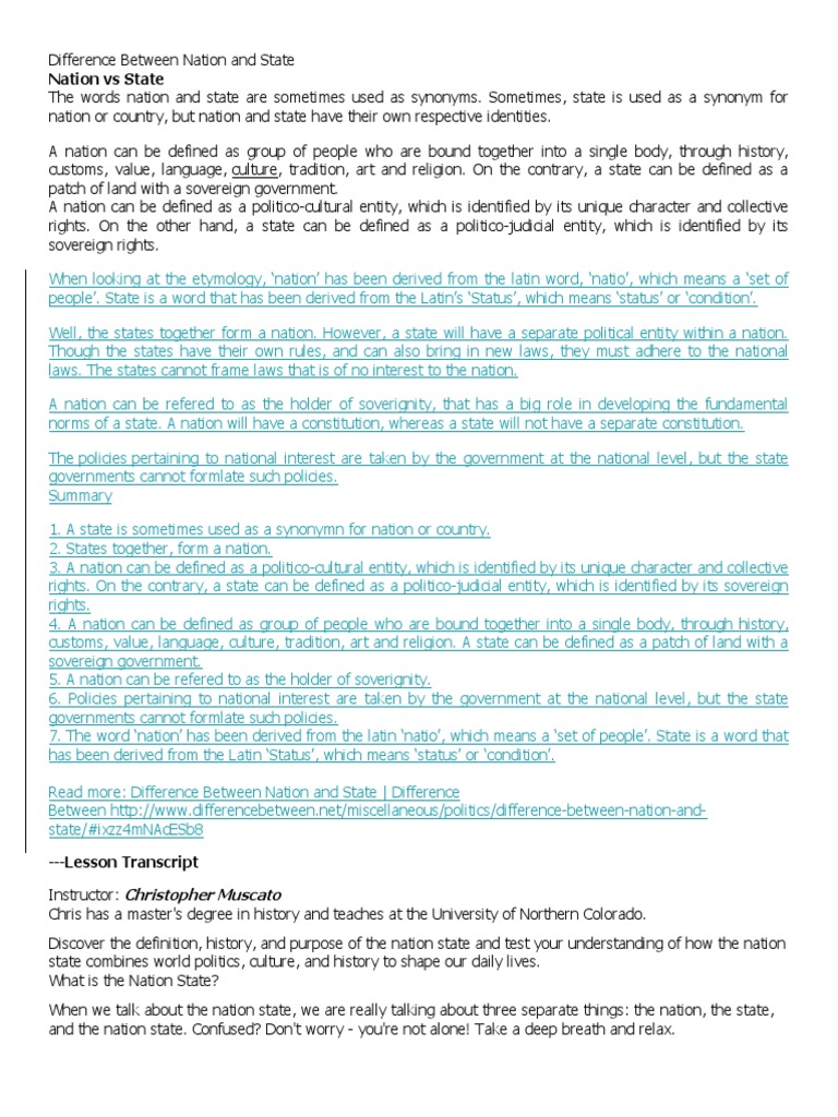 Difference Between Nation and State | PDF