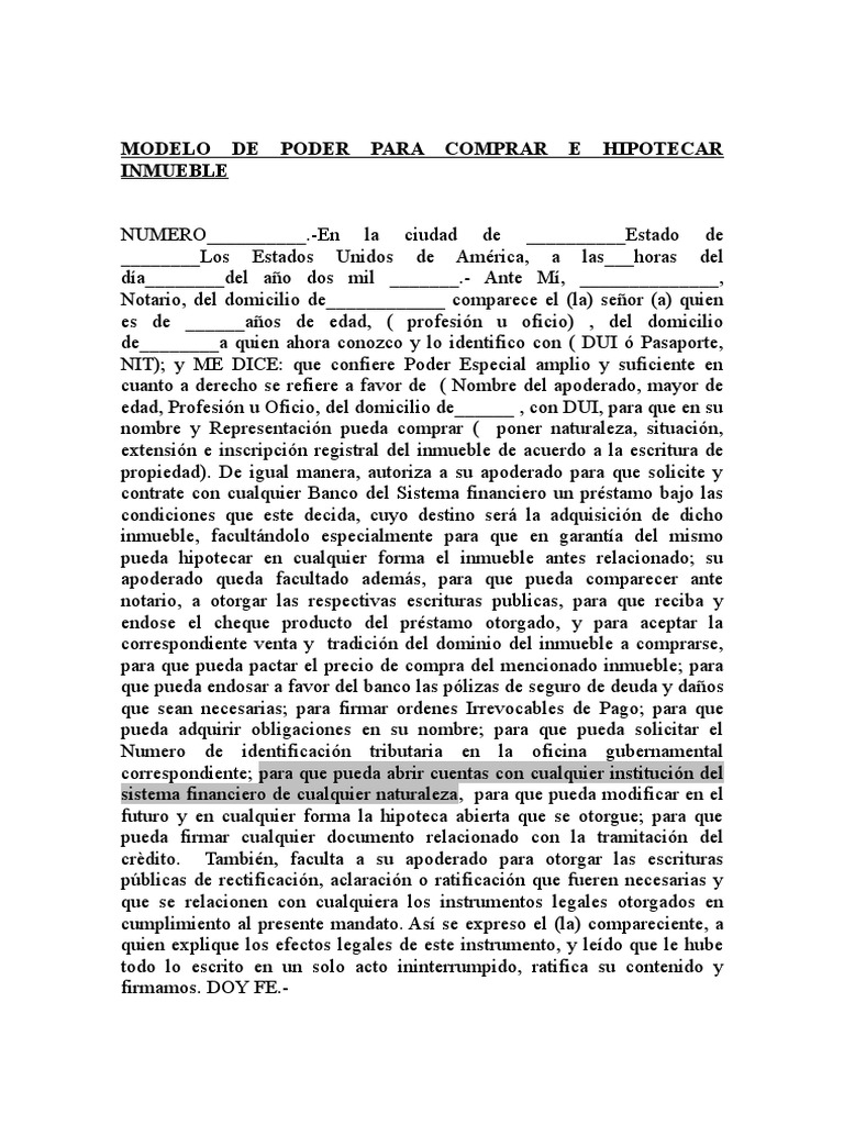 Poder para Comprar e Hipotecar Inmueble | PDF