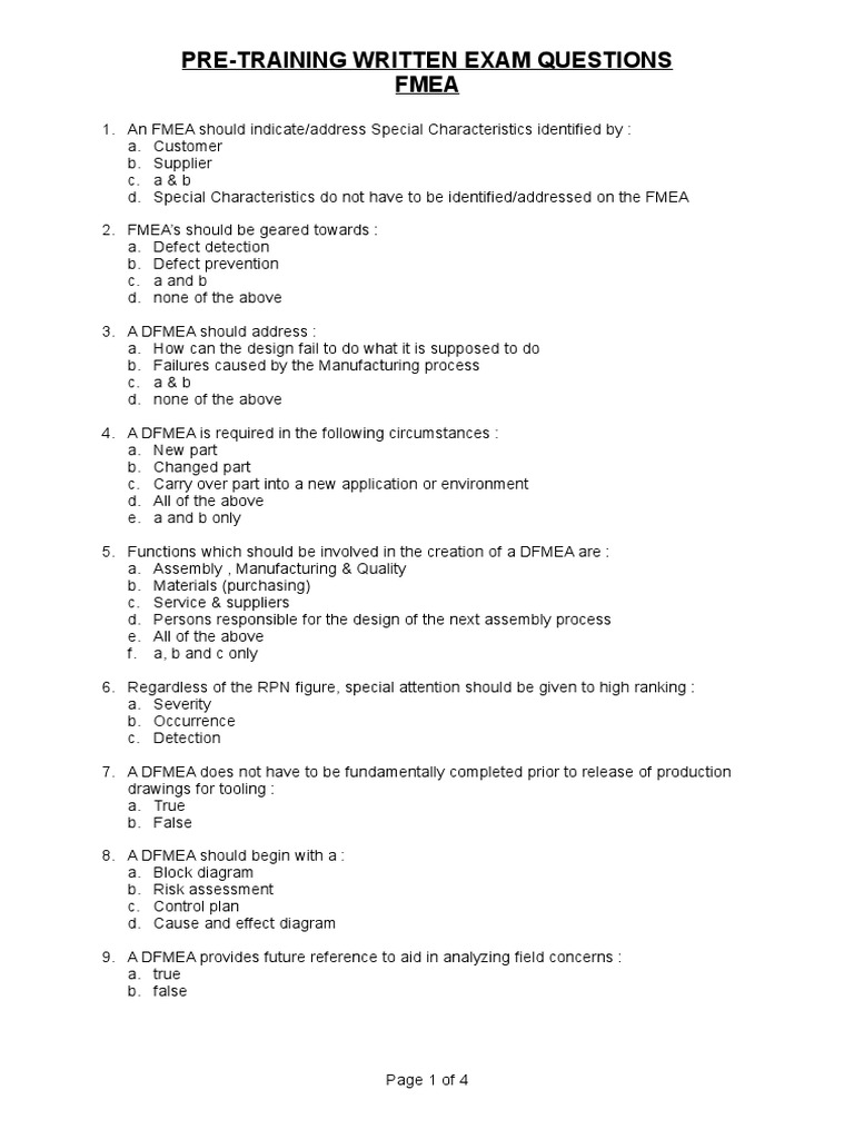 FMEA Pre-Training Exam Questions | PDF | Computers
