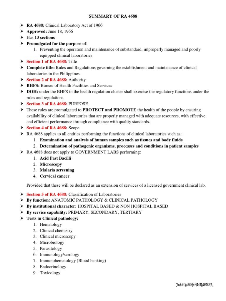 RA 4688: Clinical Laboratory Act Summary | PDF | Self-Improvement