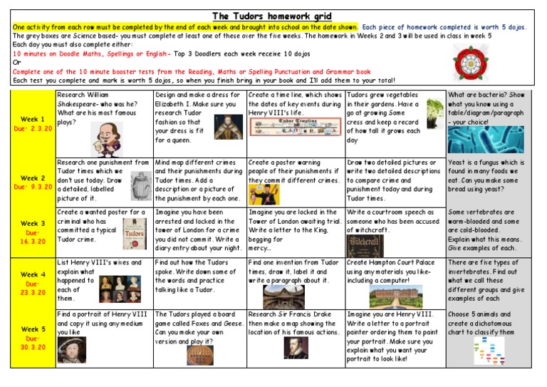 Tudor Homework Activities Grid | PDF