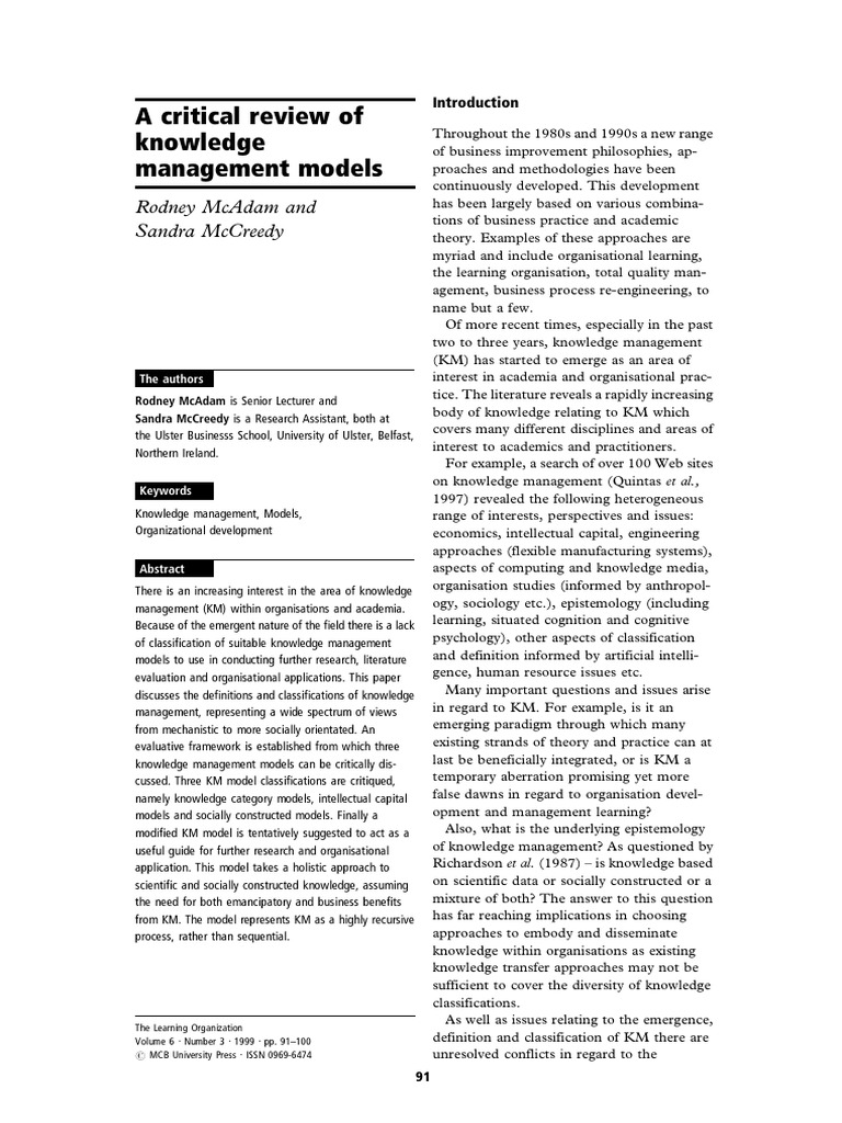 A Critical Review Of Knowledge Management Models Pdf Pdf