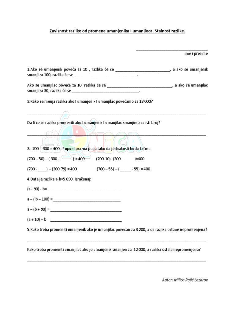 10 Zavisnost Razlike Od Promene Umanjenika I Umanjioca | PDF