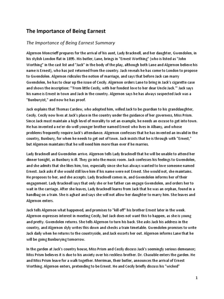 The Importance of Being Earnest / Summary | PDF | Mystery, Thriller ...