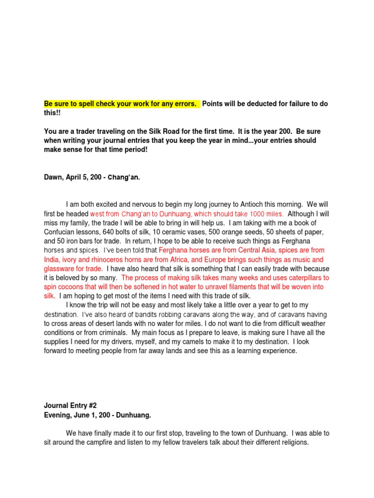 Holden Aguayopardo - Silk Road DBQ - Journal Entries Project | PDF
