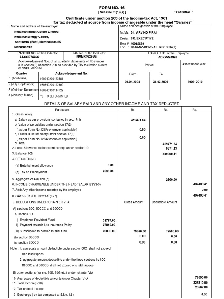 Form 16 | PDF | Employee Benefits | Taxation