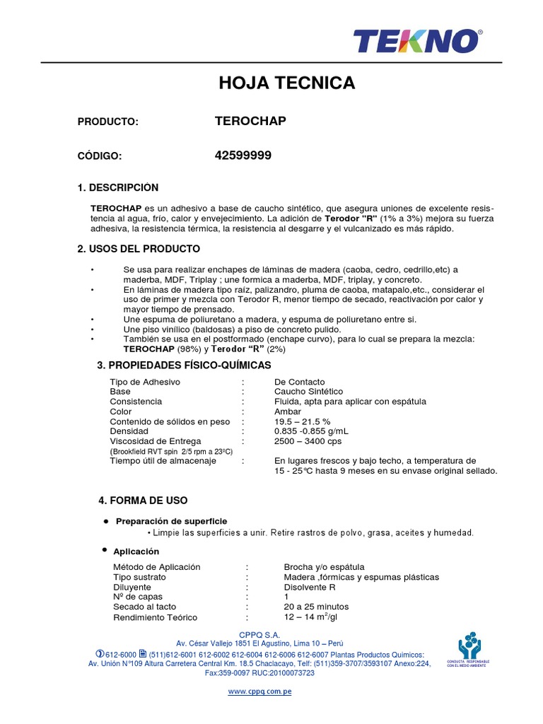 Ficha Técnica del Adhesivo Terochap | PDF