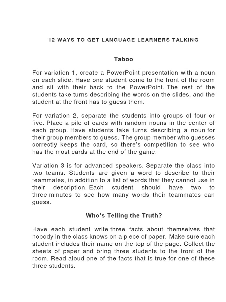 Engage Language Learners: 12 Activities | PDF | Human Communication ...