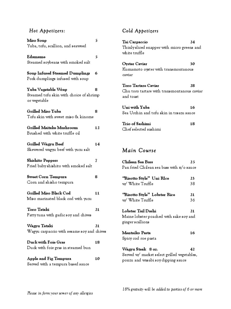 Yuba Menu | PDF | Food And Drink | Food And Drink Preparation
