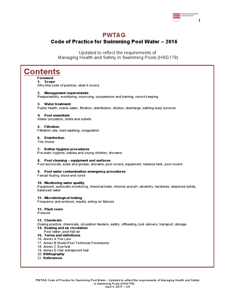 Code of Practice PWTAG 2016 | PDF | Swimming Pool | Disinfectant