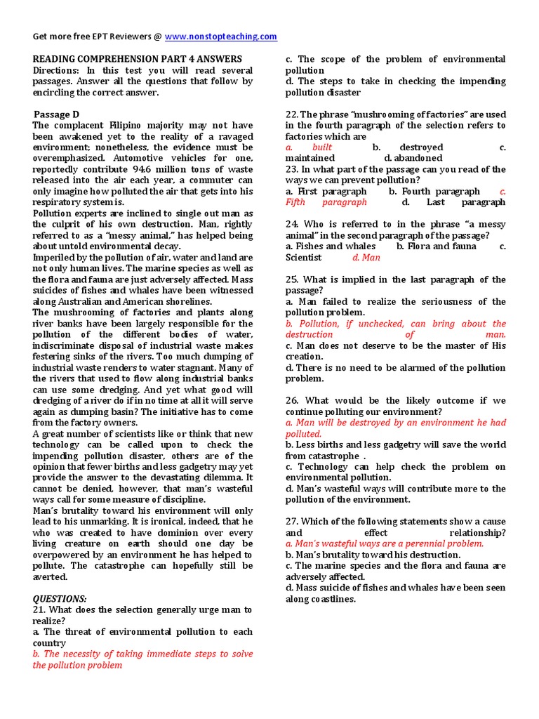 Reading Comprehension Test Part 4 Answers-1-1 | PDF | Pollution | Human ...