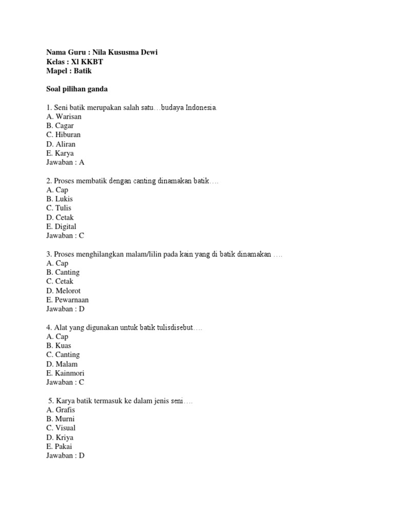 Soal PAS - XI - KKBT - Batik - Bu Nila | PDF