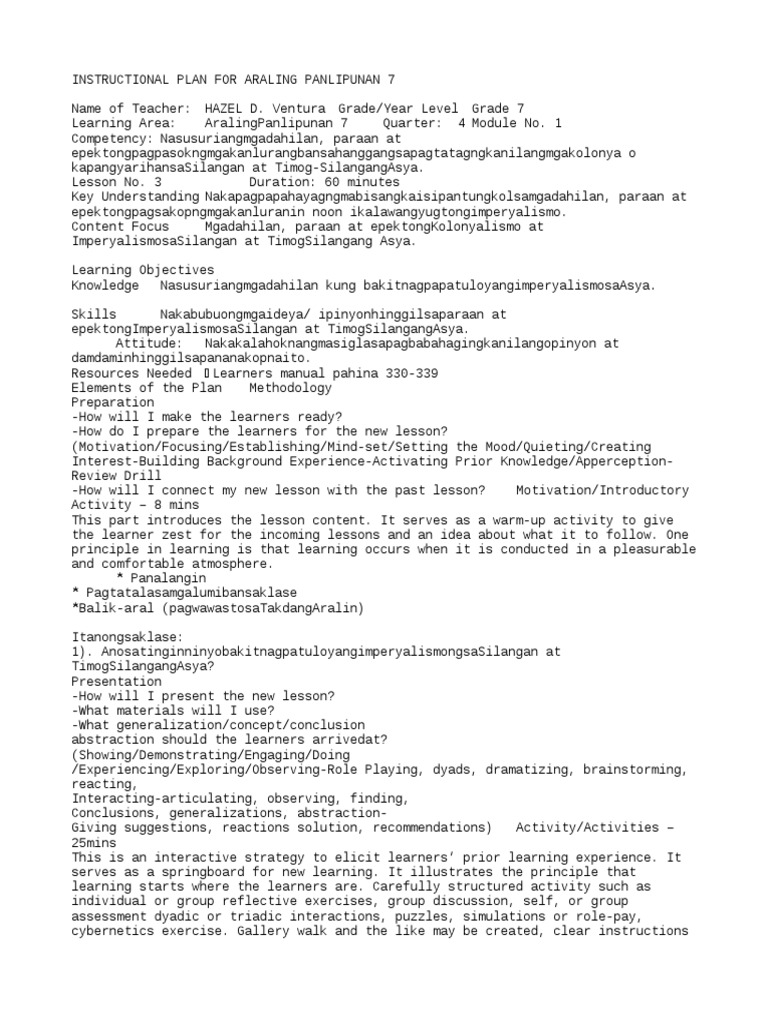 Lesson Plan Aral. Pan. | PDF | Critical Thinking | Learning