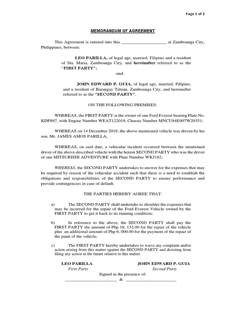 Vehicle Accident Agreement: A Memorandum Establishing Financial ...