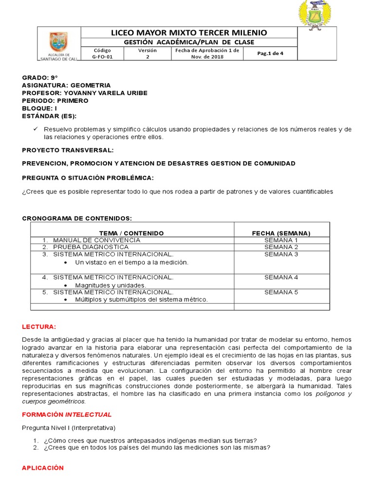 9º - 1P - 1B - Plan de Clase - Geometria. | PDF | Geometría | Medición